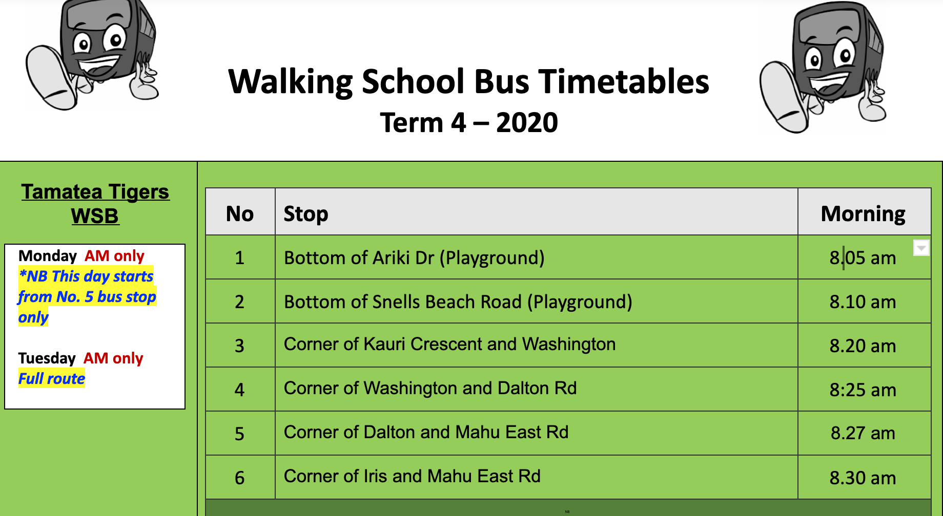 Walking/Biking School Bus Timetable Changes – Snells Beach School